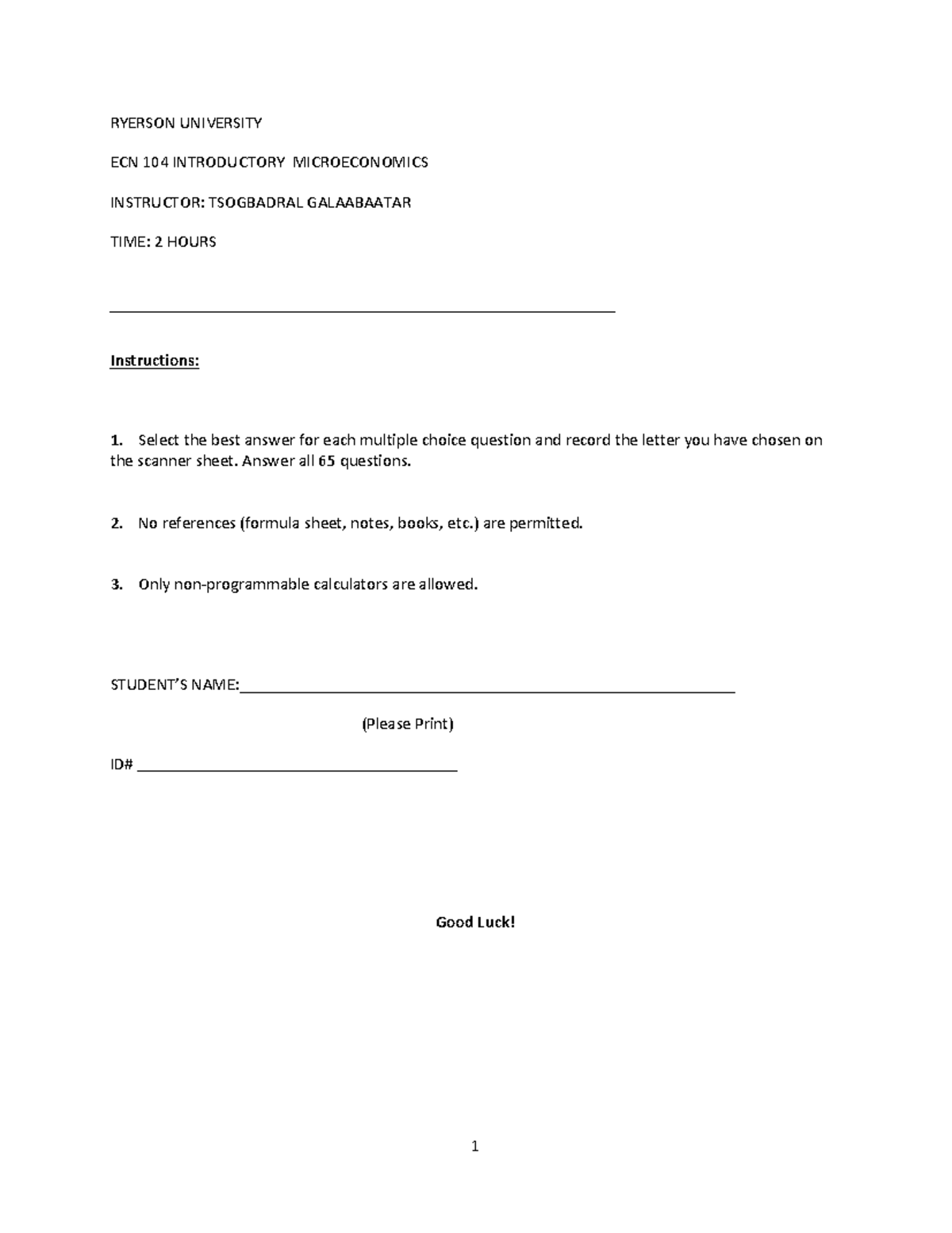 Sample Midterm Exam for ECN 104: Introductory Microeconomics - Studocu