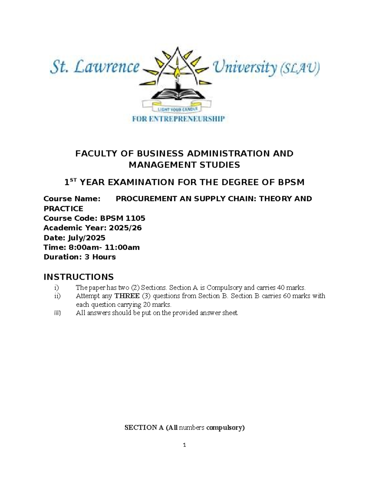 BPSM 1105 Procurement & Supply Chain Final Exam Guide - Studocu