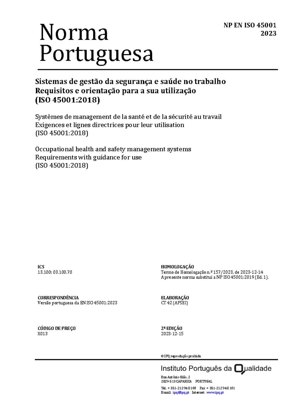Norma Portuguesa EN ISO 45001 - Gestão da SST 2023 - Studocu