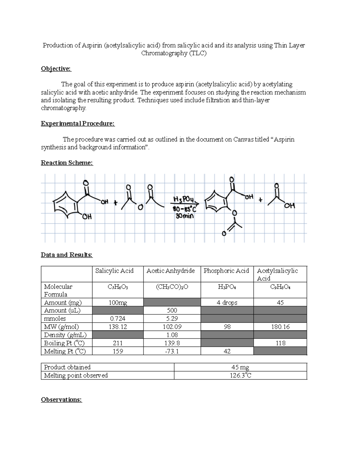 Module 12 Lab Report: Synthesis & Analysis of Aspirin via TLC - Studocu