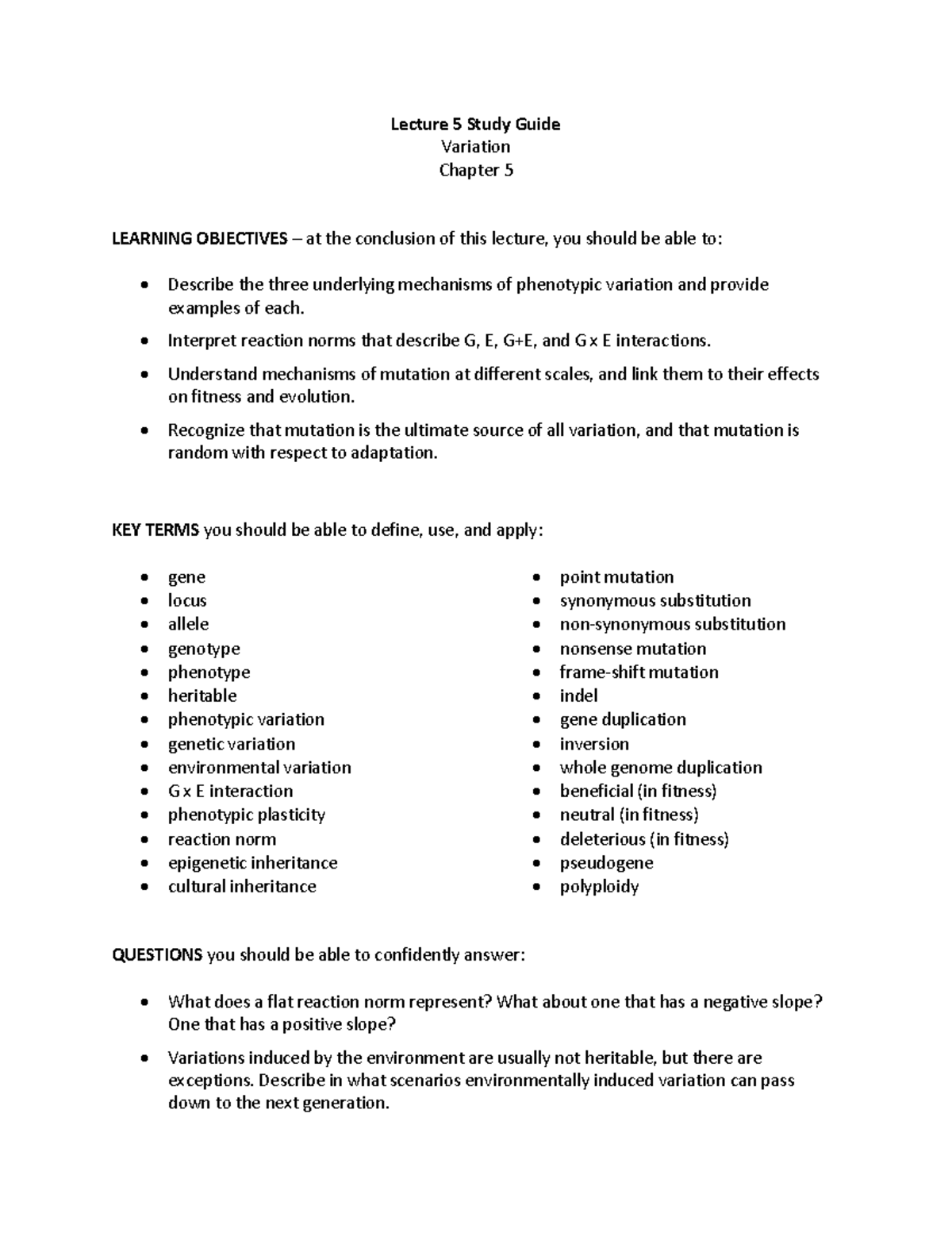 L5 Lecture Study Guide: Mechanisms of Phenotypic Variation - Studocu