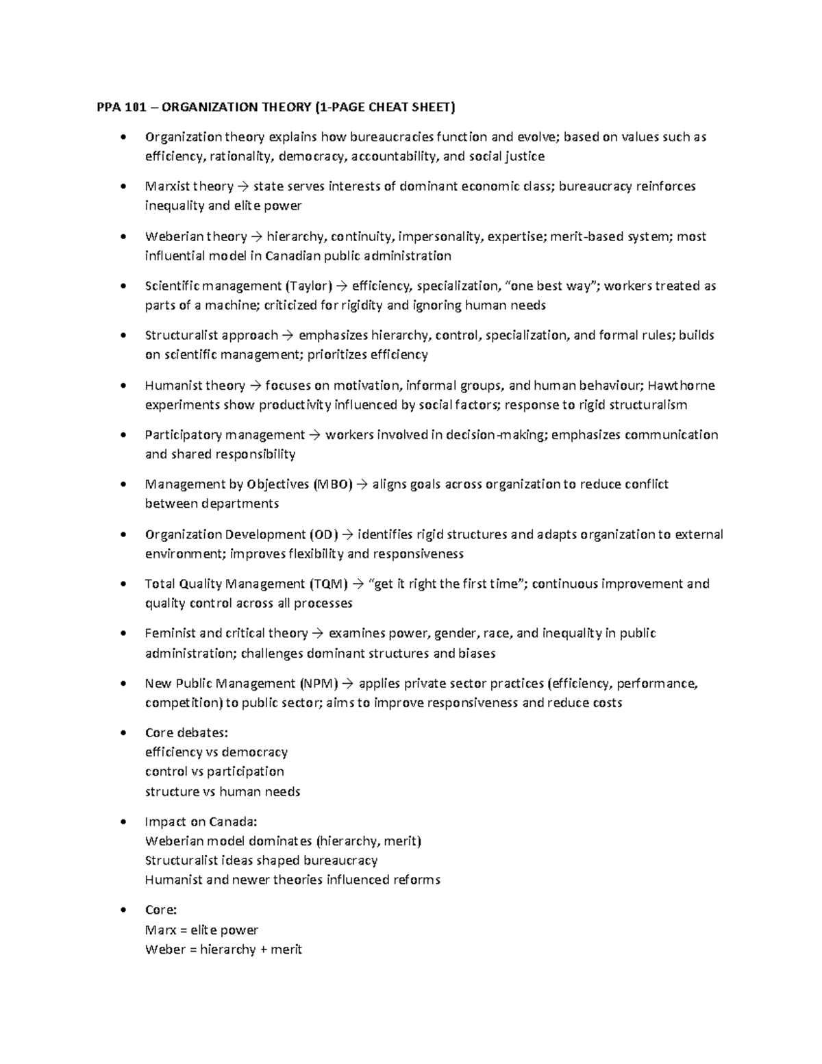 PPA 101 Organization Theory & Federalism Cheat Sheet - Studocu