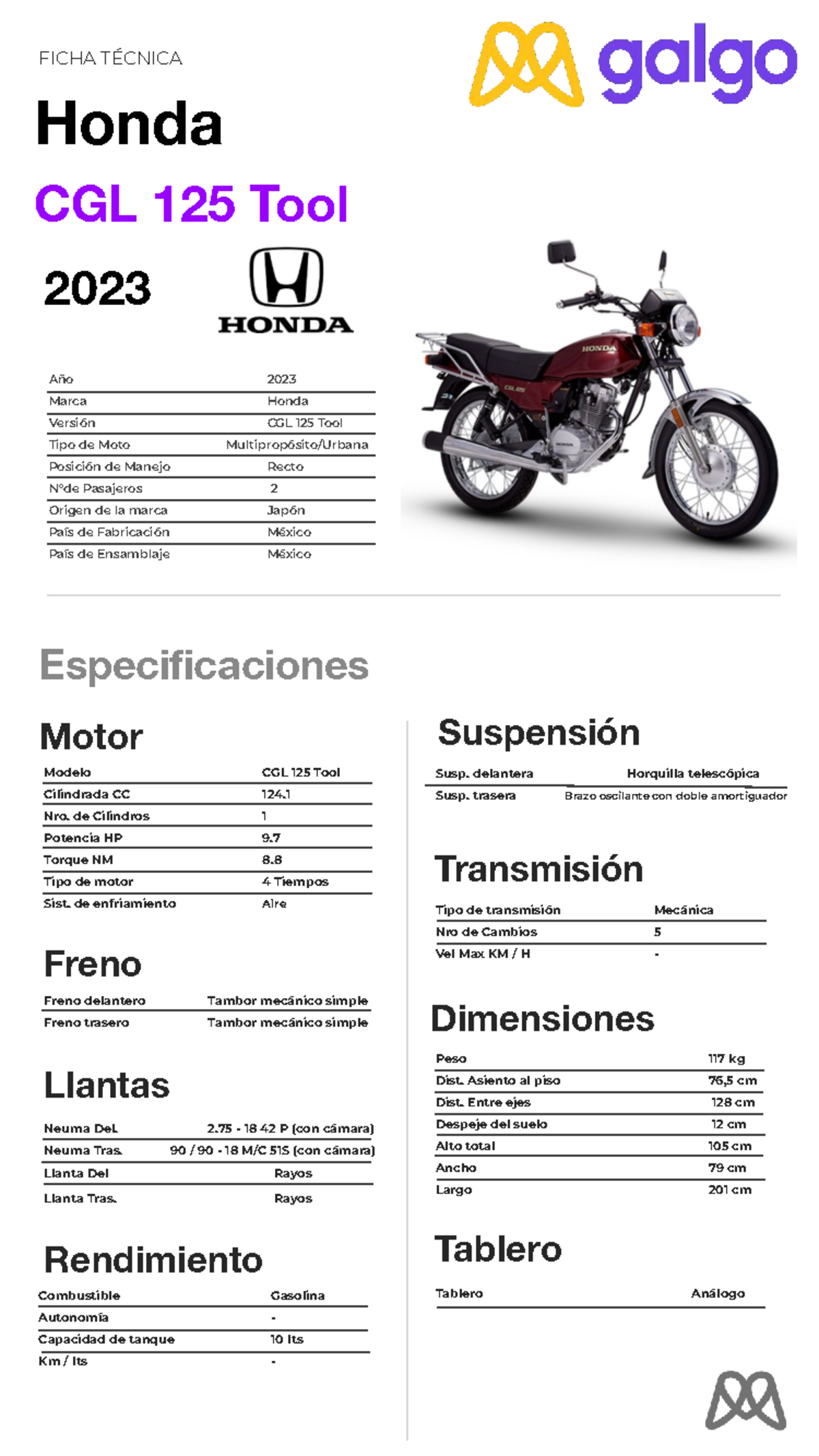 Ficha Técnica Honda CGL 125 Tool 2023 - Especificaciones y Detalles ...
