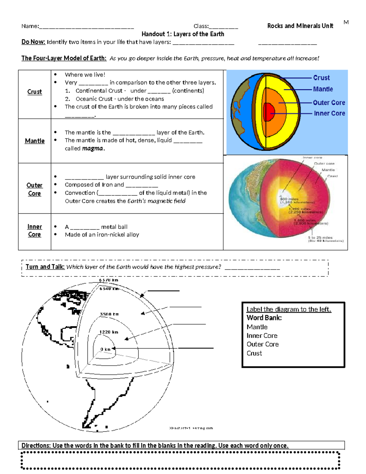 Rocks and Minerals Unit Guided Notes: Layers of the Earth Worksheet-1 ...