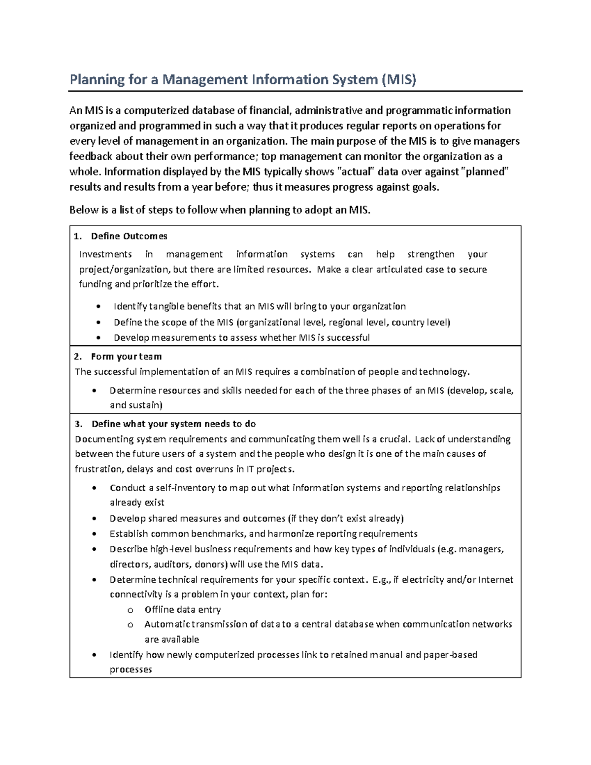 3B-MIS-Checklist information system - Planning for a Management ...