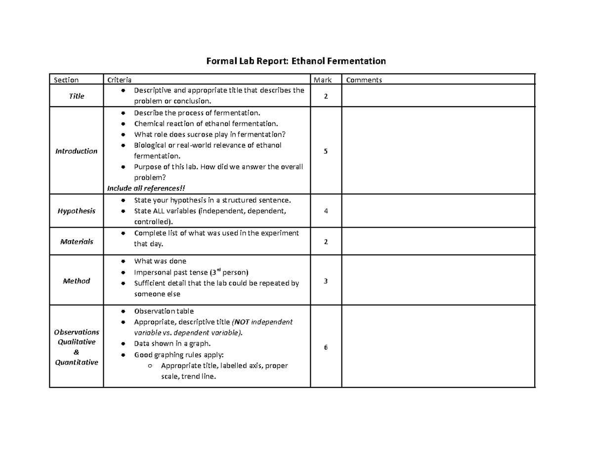 Formal Lab Report: Ethanol Fermentation Analysis (Course Code: LAB101 ...