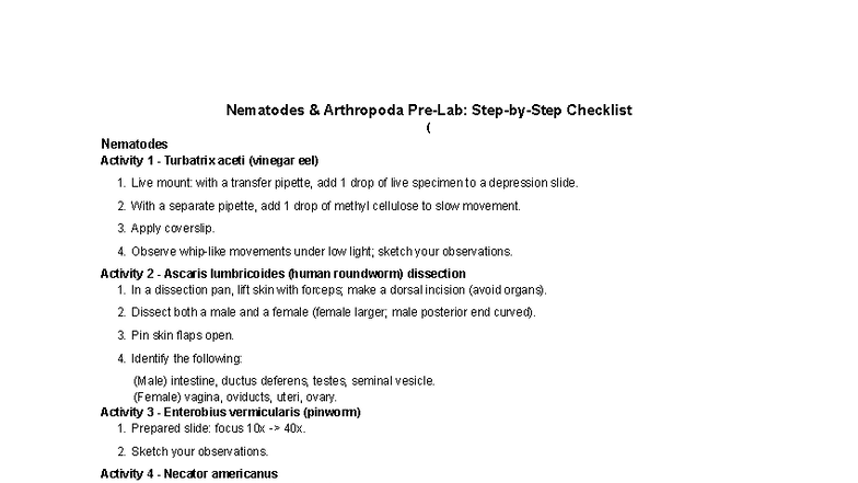 Nematodes & Arthropoda Checklist: Pre Lab 9 Activities - Studocu
