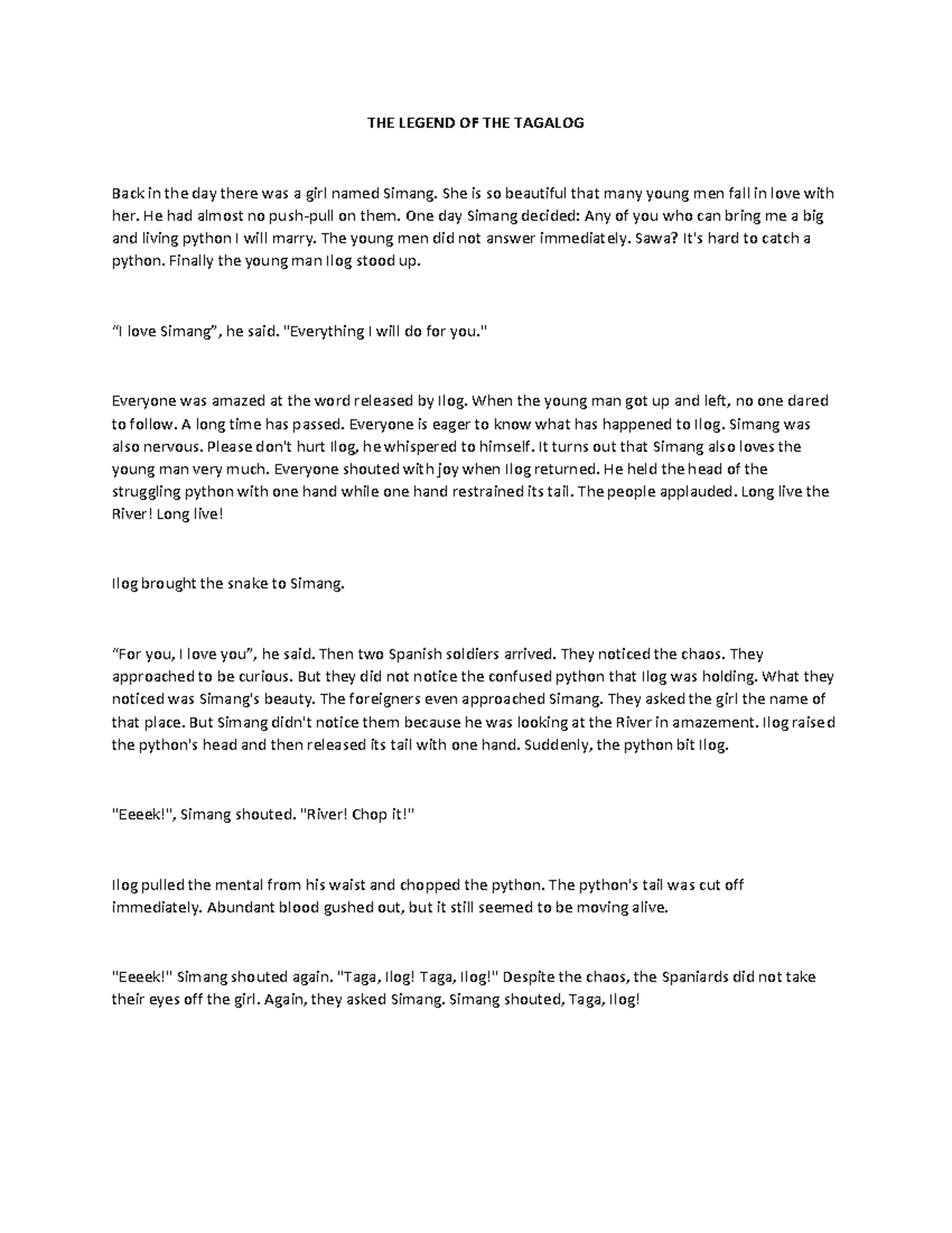 THE LEGEND OF THE TAGALOG: A Tale of Love and Adventure - Studocu