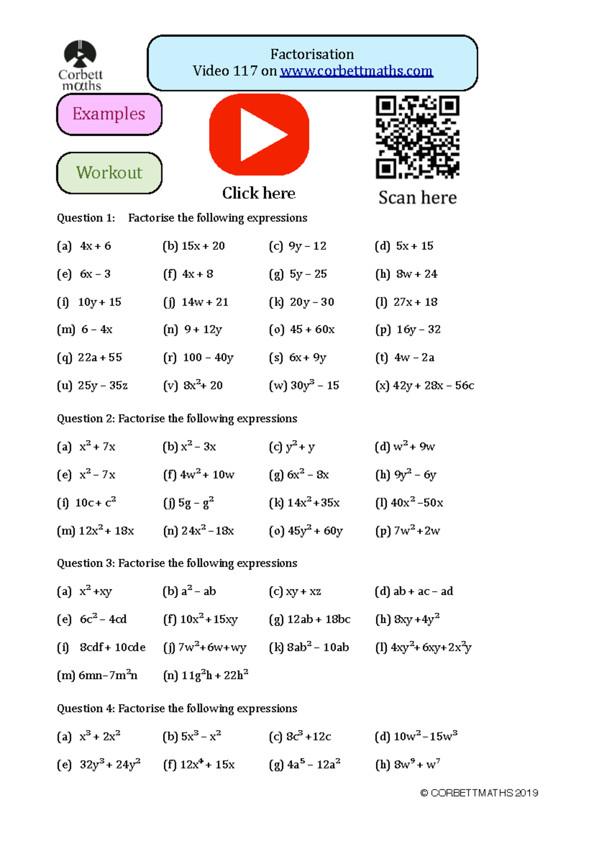 Factorisation Exercises for CORBETTMATHS 2019 - Studocu