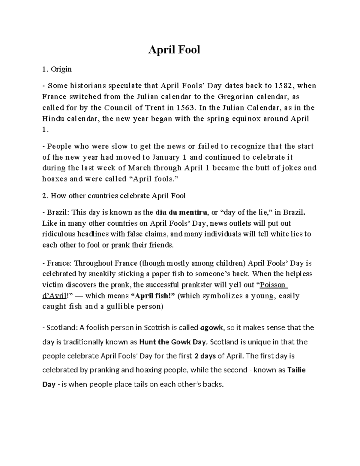 April Fool's Day: Origins and Global Celebrations - Studocu