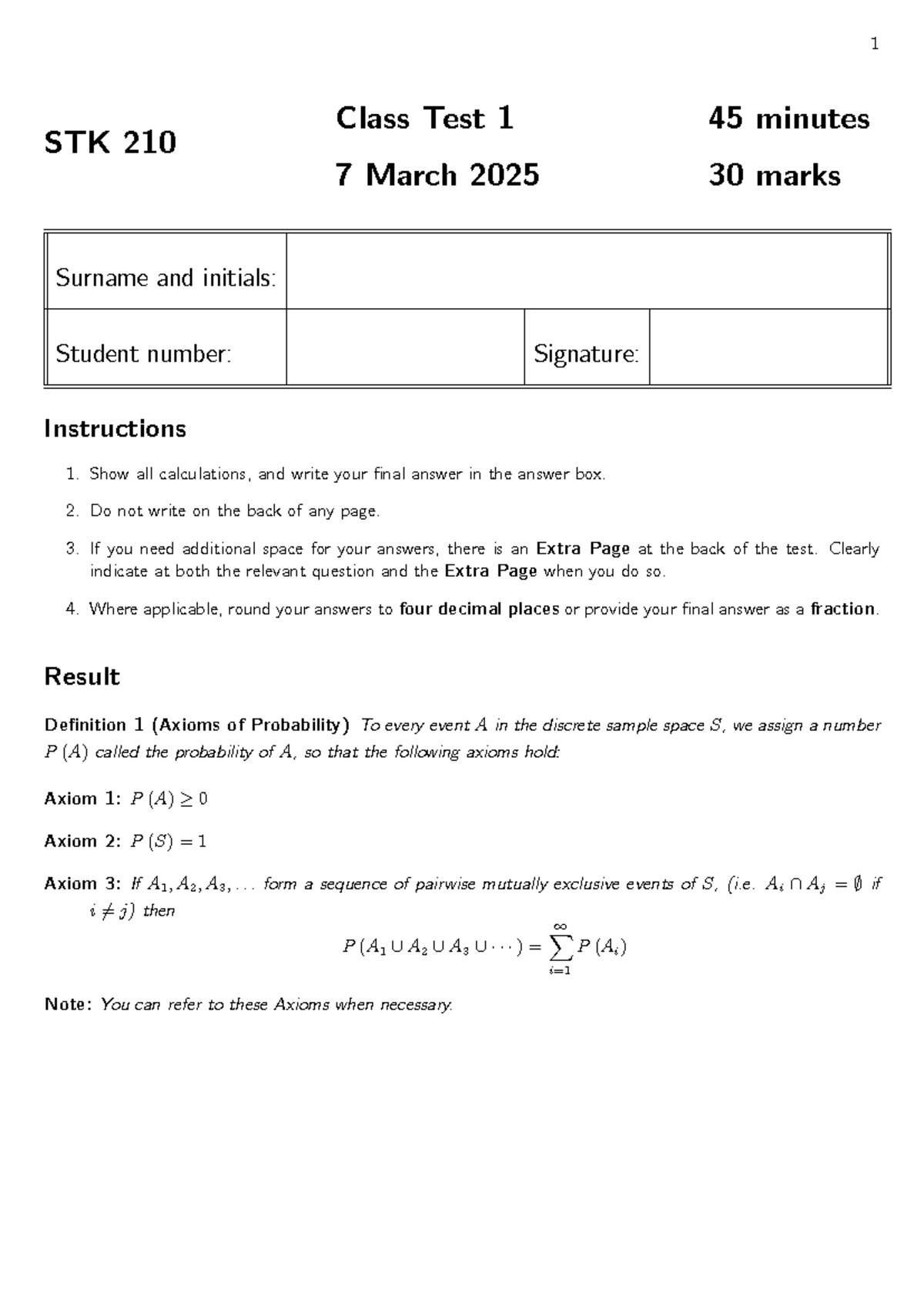 STK 210 CT1 2025 - stk 210 2025v class test - STK 210 Class Test 1 7 ...