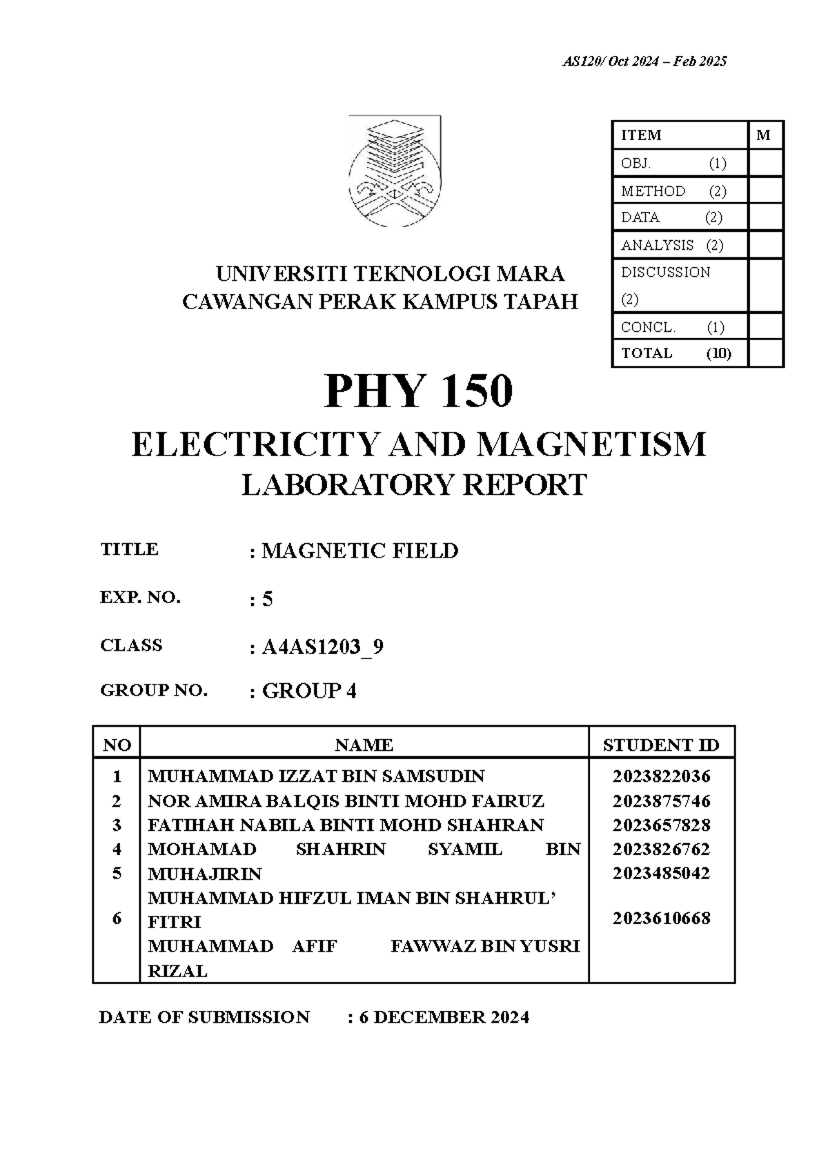 PHY150 Lab Report 5: Magnetic Field Experiment Analysis - Studocu