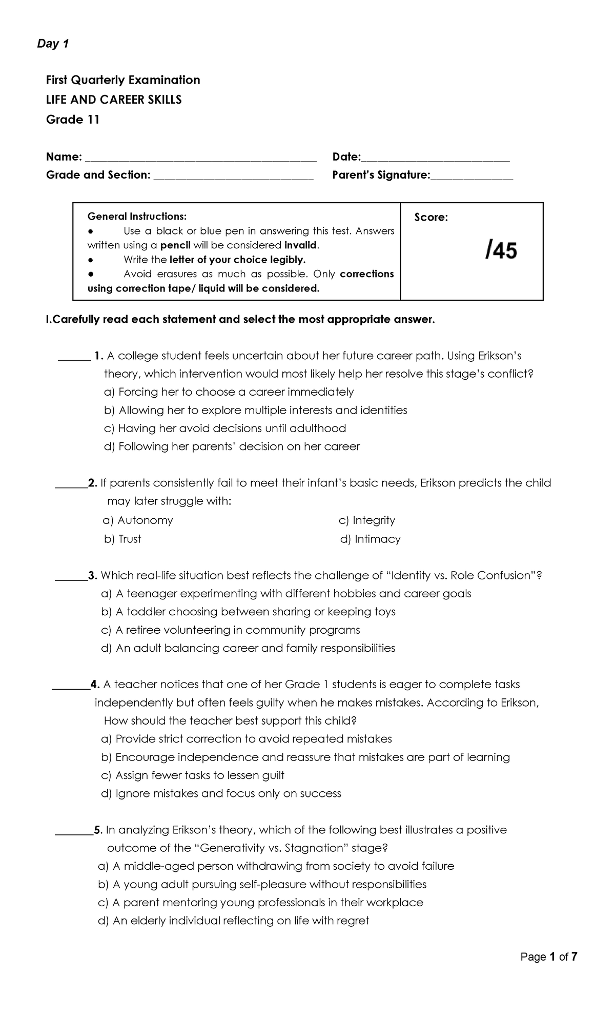 Grade 11 LIFE AND CAREER SKILLS Q1 Exam Review and Practice - Studocu