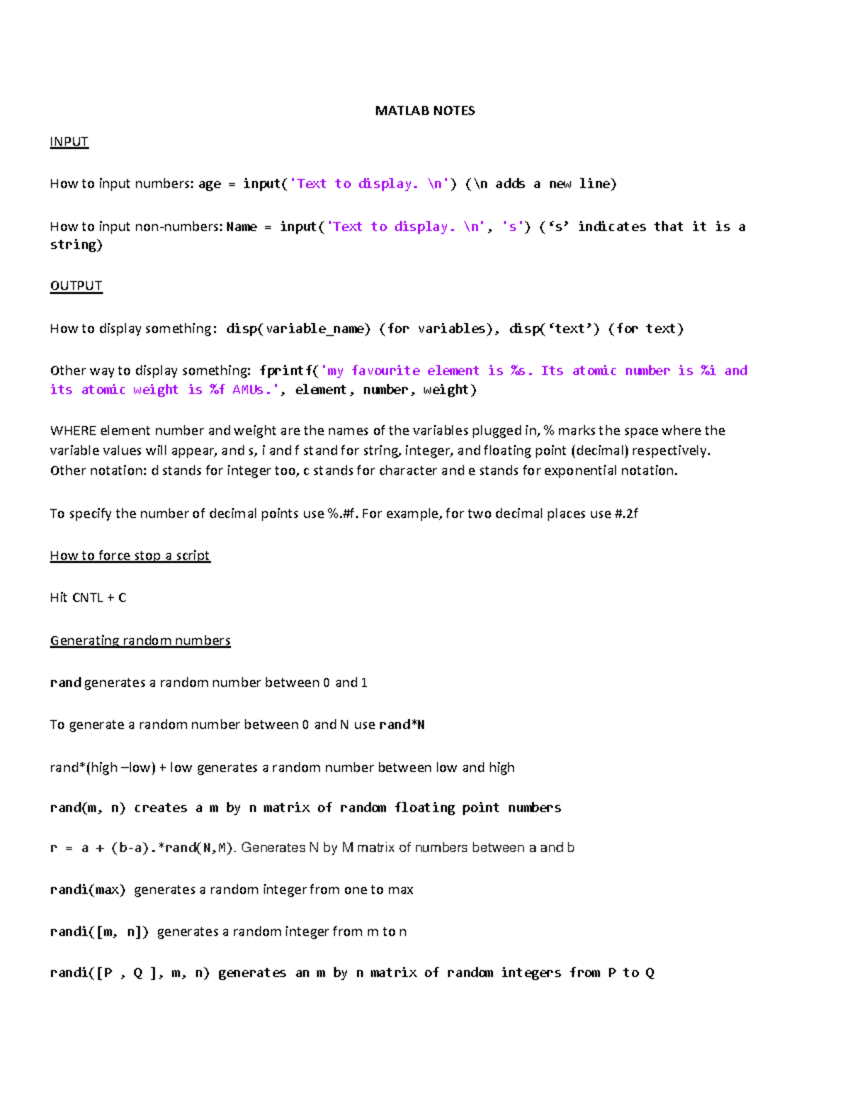 Matlab code notes - MATLAB NOTES INPUT How to input numbers: age ...