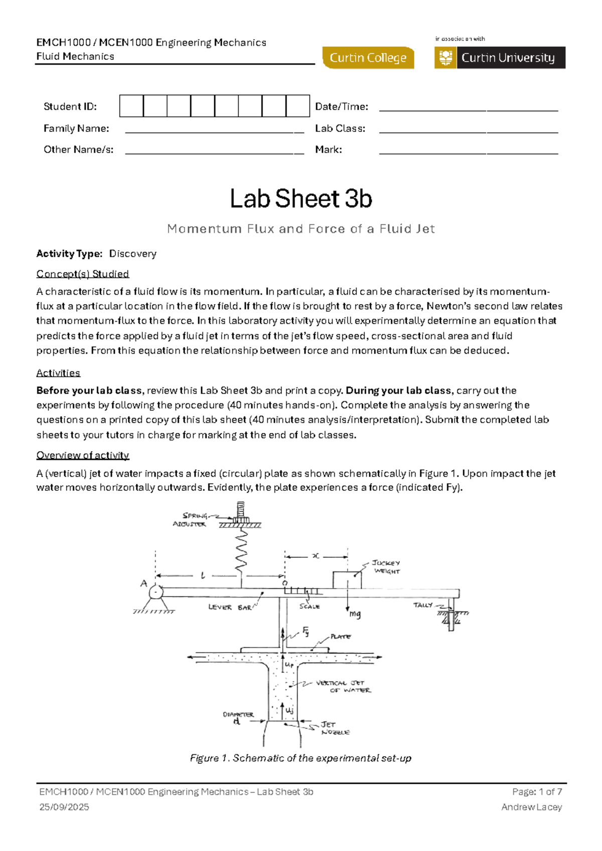 MCEN 3B Lab Sheet: Momentum Flux & Fluid Jet Force Analysis - Studocu