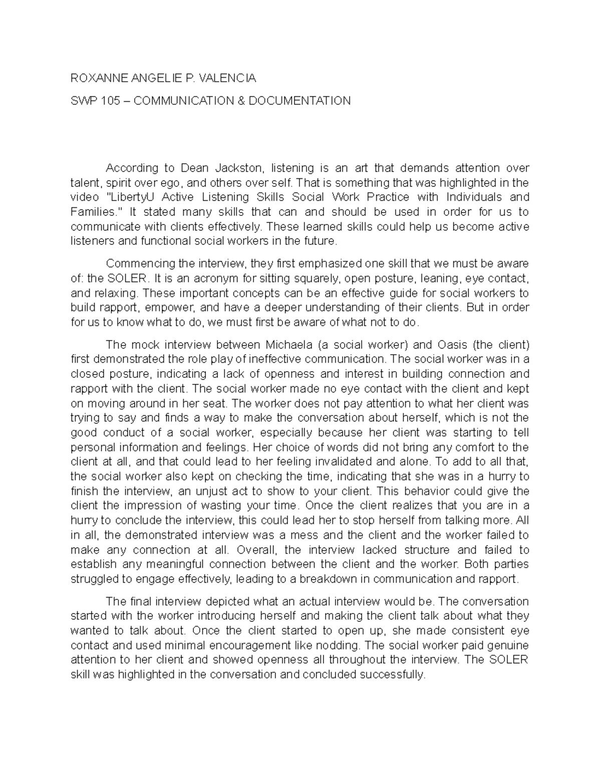 SWP 105 Final Exam Reflection on Active Listening Skills - Studocu