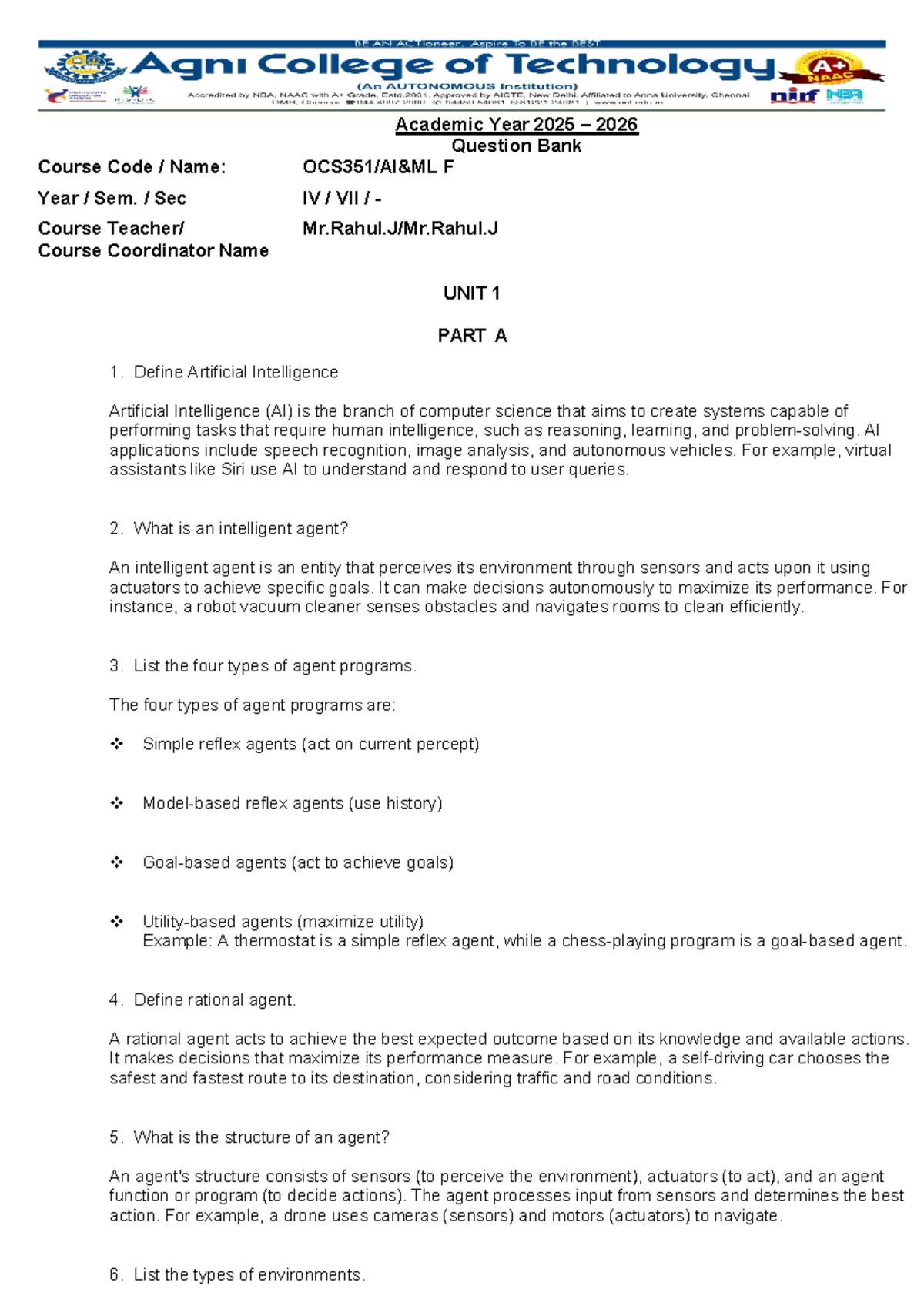 AIML 2025-2026 Question Bank: Intelligent Agents & Search Algorithms - Studocu