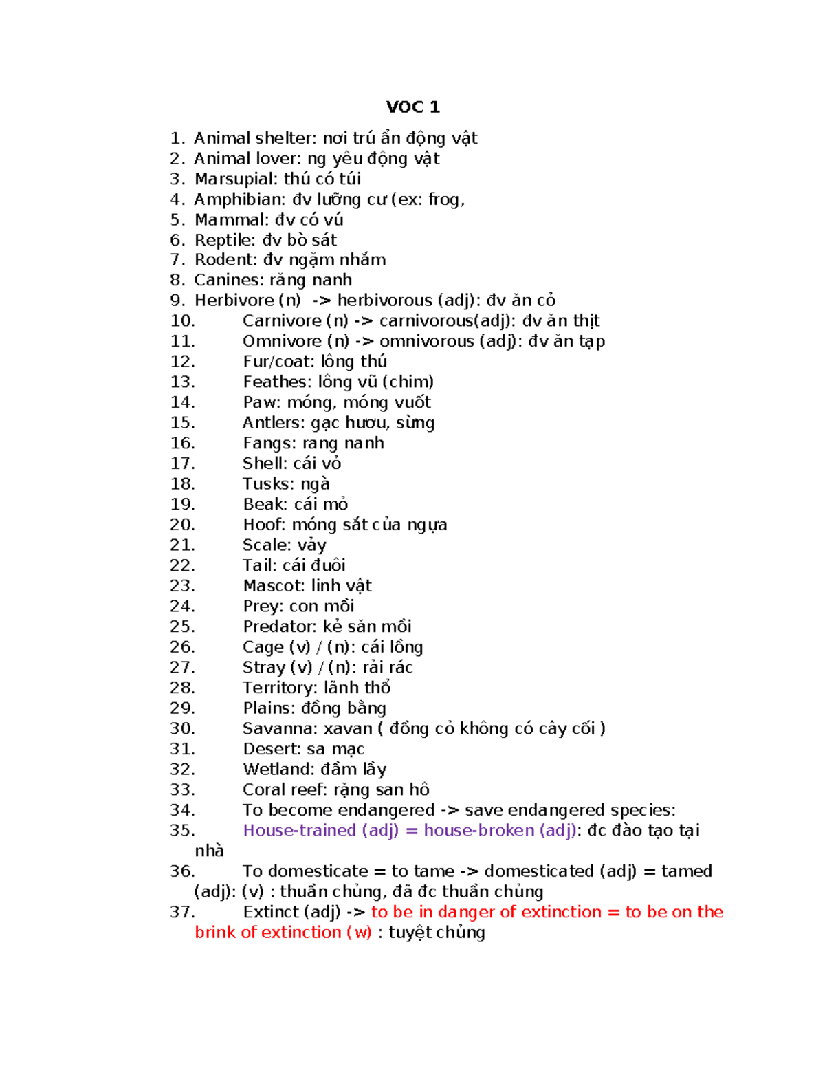 VOC Unit 1: Vocabulary Notes on Animals and Their Habitats - Studocu
