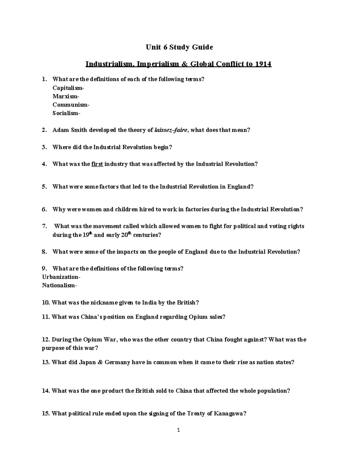 Unit 6 Study Guide: Industrialism, Imperialism & Global Conflict to ...