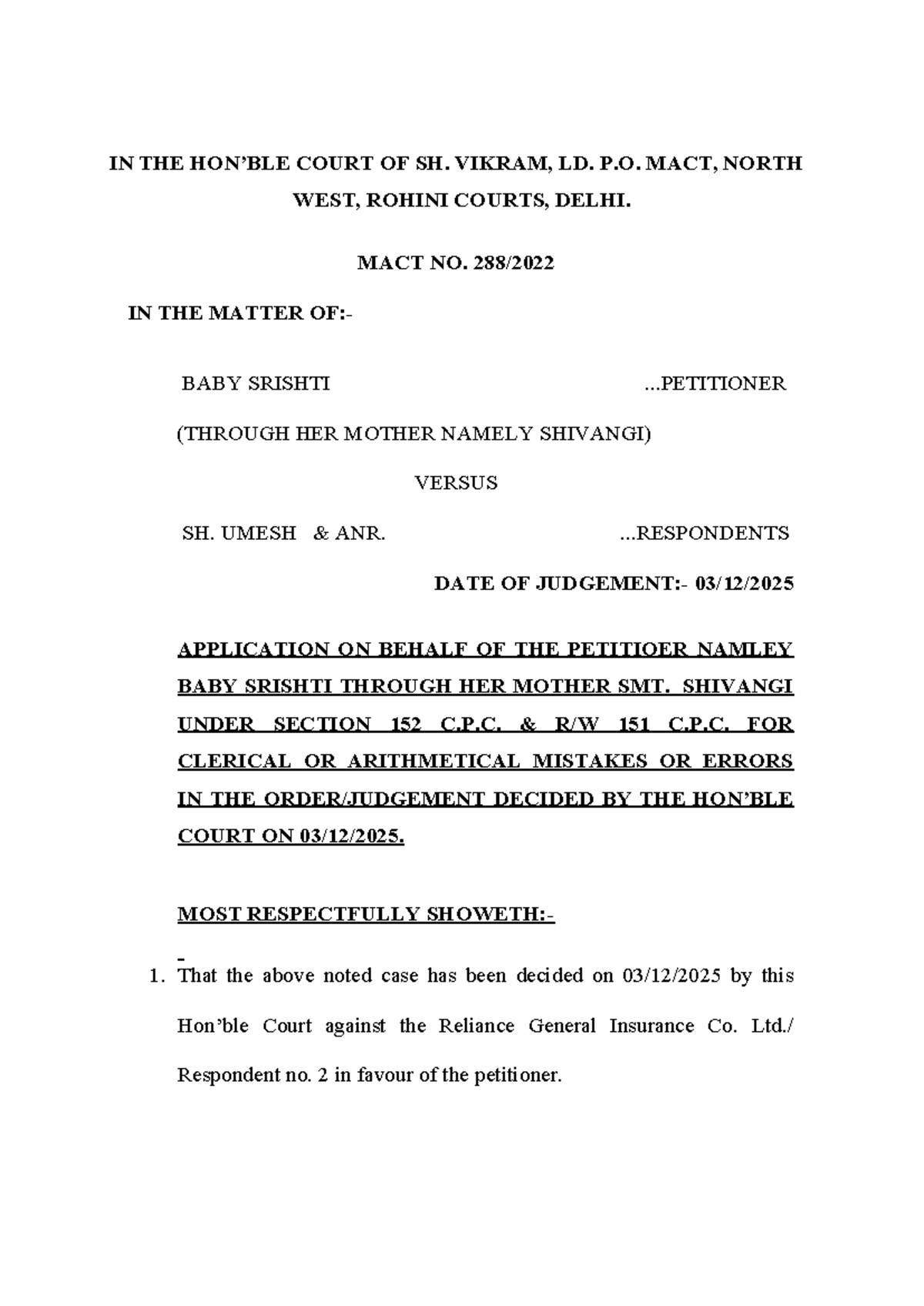 MACT NO. Petition for Correction of Clerical Errors in Case BA Srishti ...