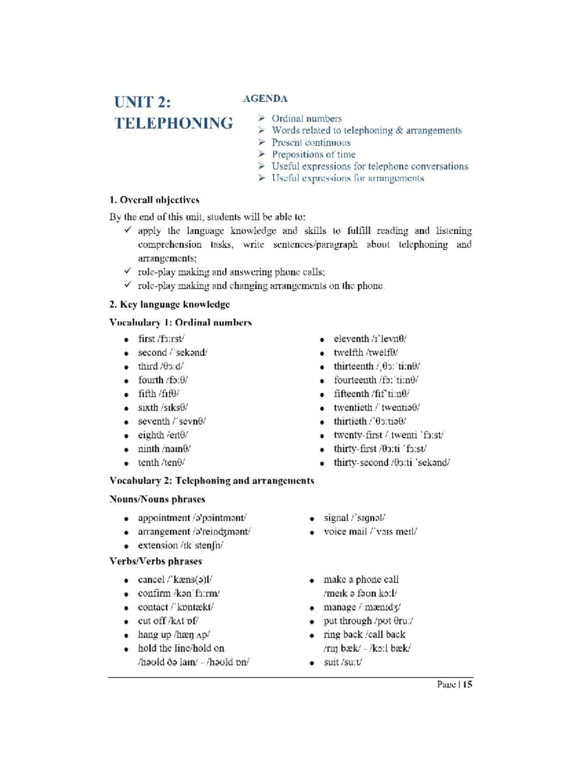Unit 2: Telephoning Skills and Arrangements - Lesson Notes - Studocu