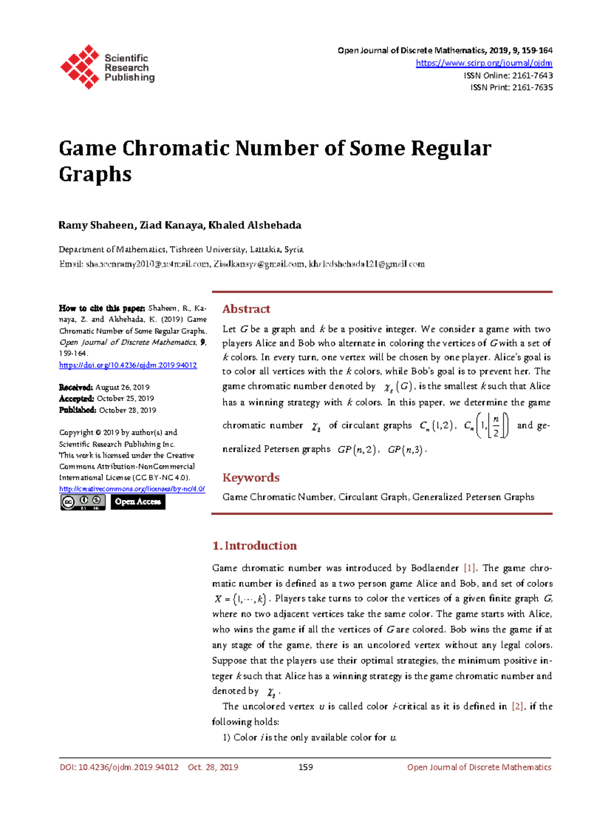 Game Chromatic Number of Regular Graphs - OJDM 2019 - Studocu