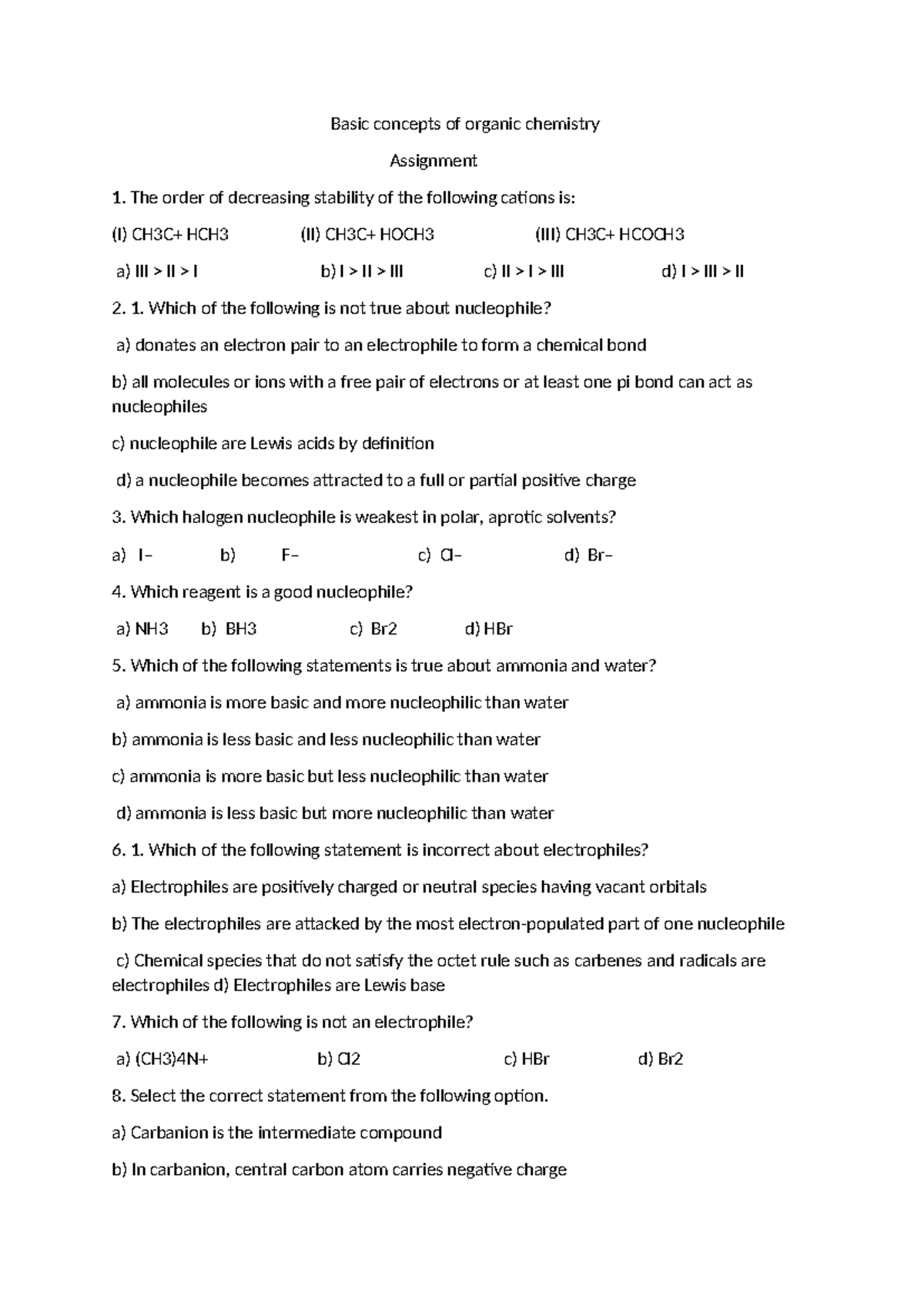 Organic Chemistry Concepts: Assignment 1 Analysis - Studocu