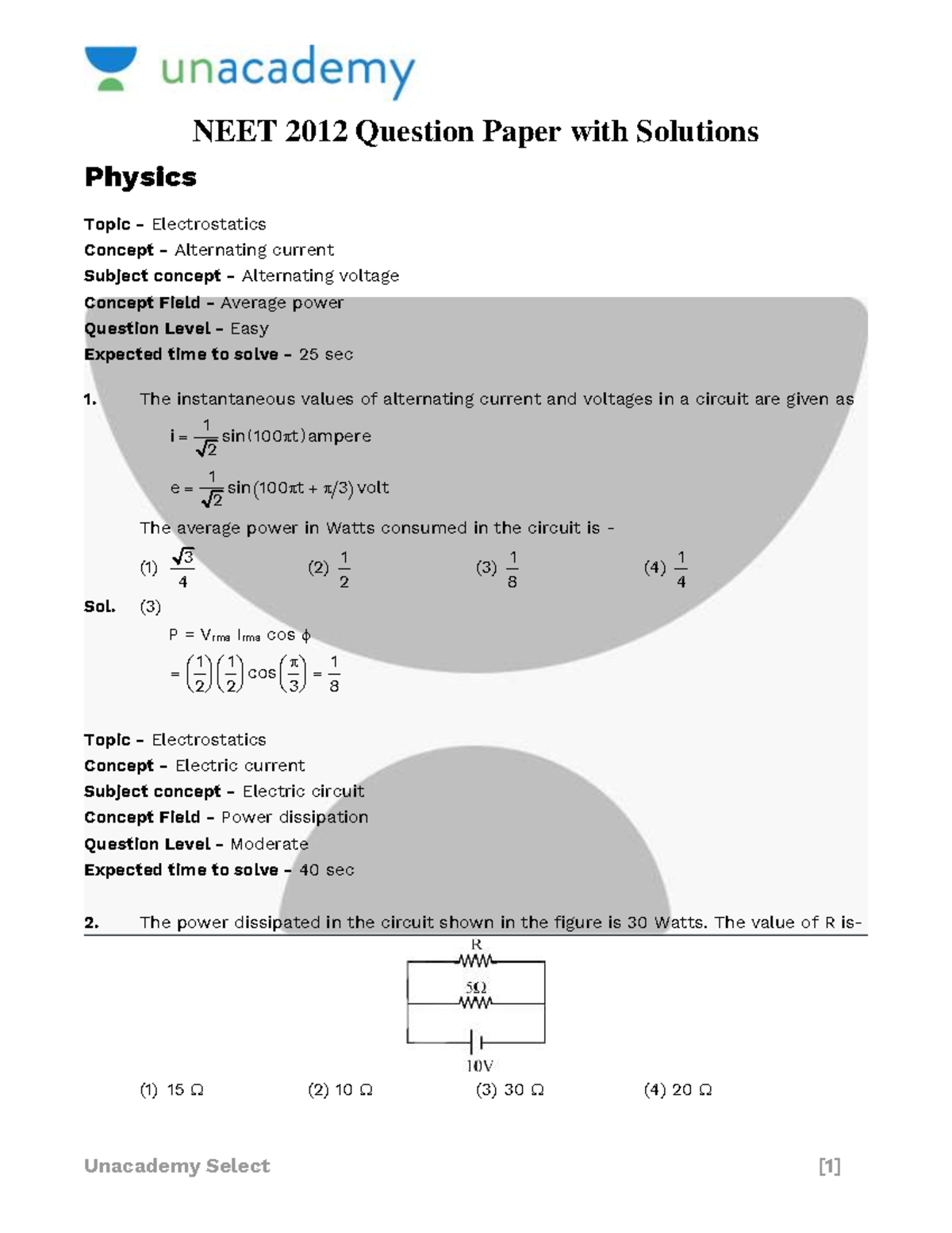 NEET 2012 Physics Question Paper with Solutions and Concepts - Studocu