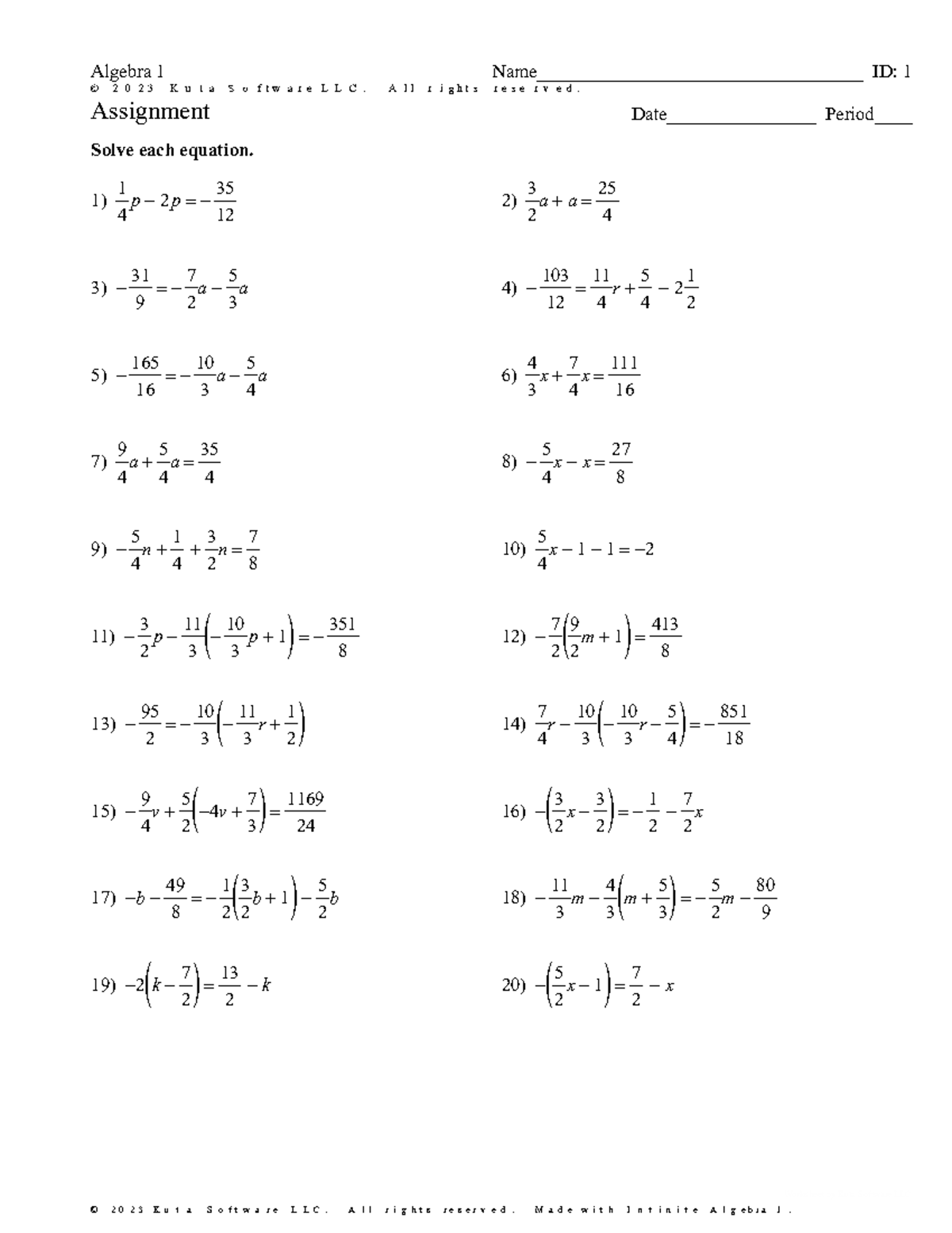 Algebra 1 Assignment: Solving Linear Equations (KUTA-1) - Studocu