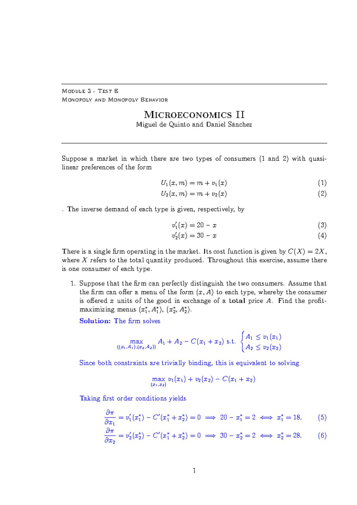 M3E 2024 Microeconomics II Test E Solutions on Monopoly Behavior - Studocu