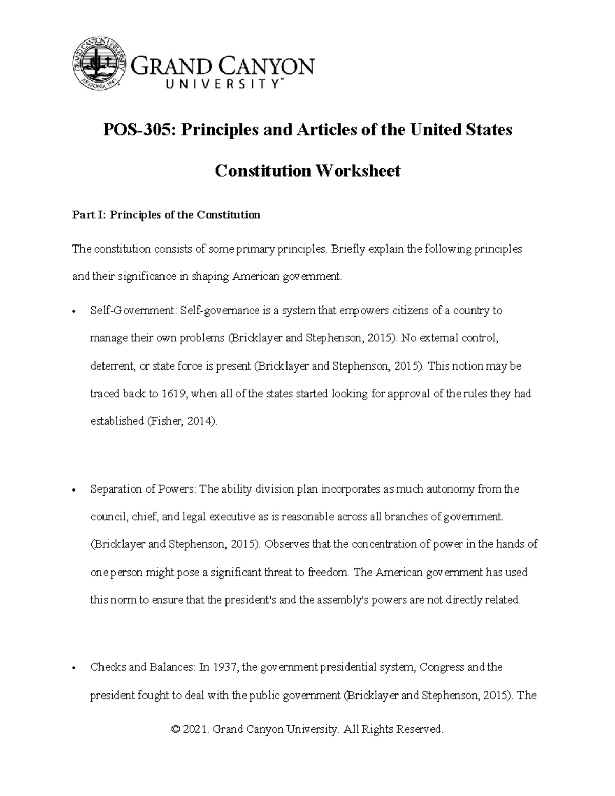 POS-305 Constitution Worksheet: Principles, Balance of Power ...