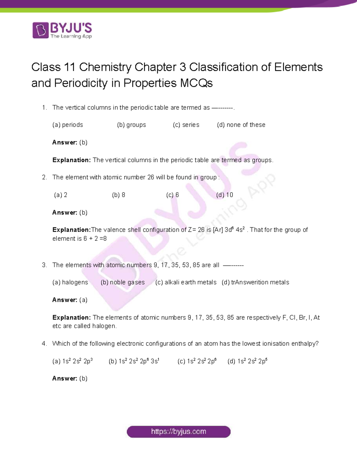 Class 11 Chemistry Chapter 3 MCQs on Elements & Periodicity - Studocu