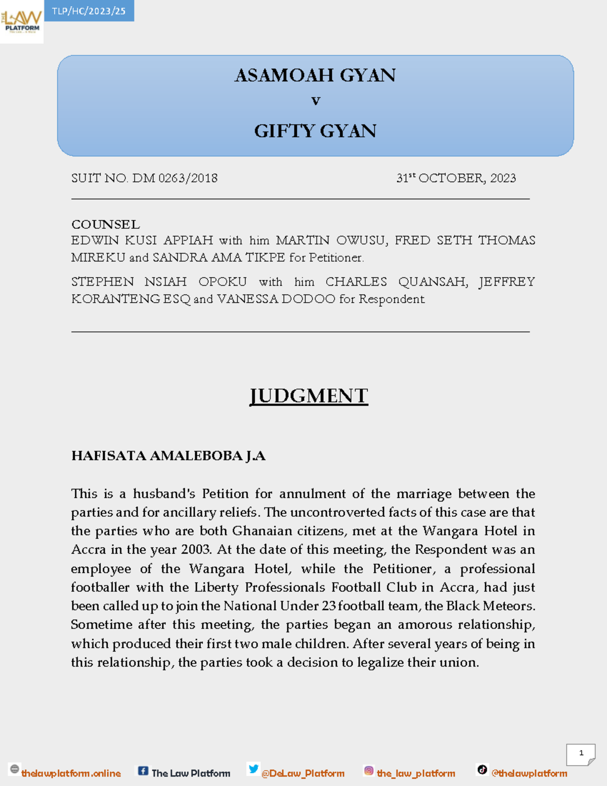 Asamoah GYAN v Gifty GYAN - TLP-SC-2023-25 Case Analysis and Judgment ...