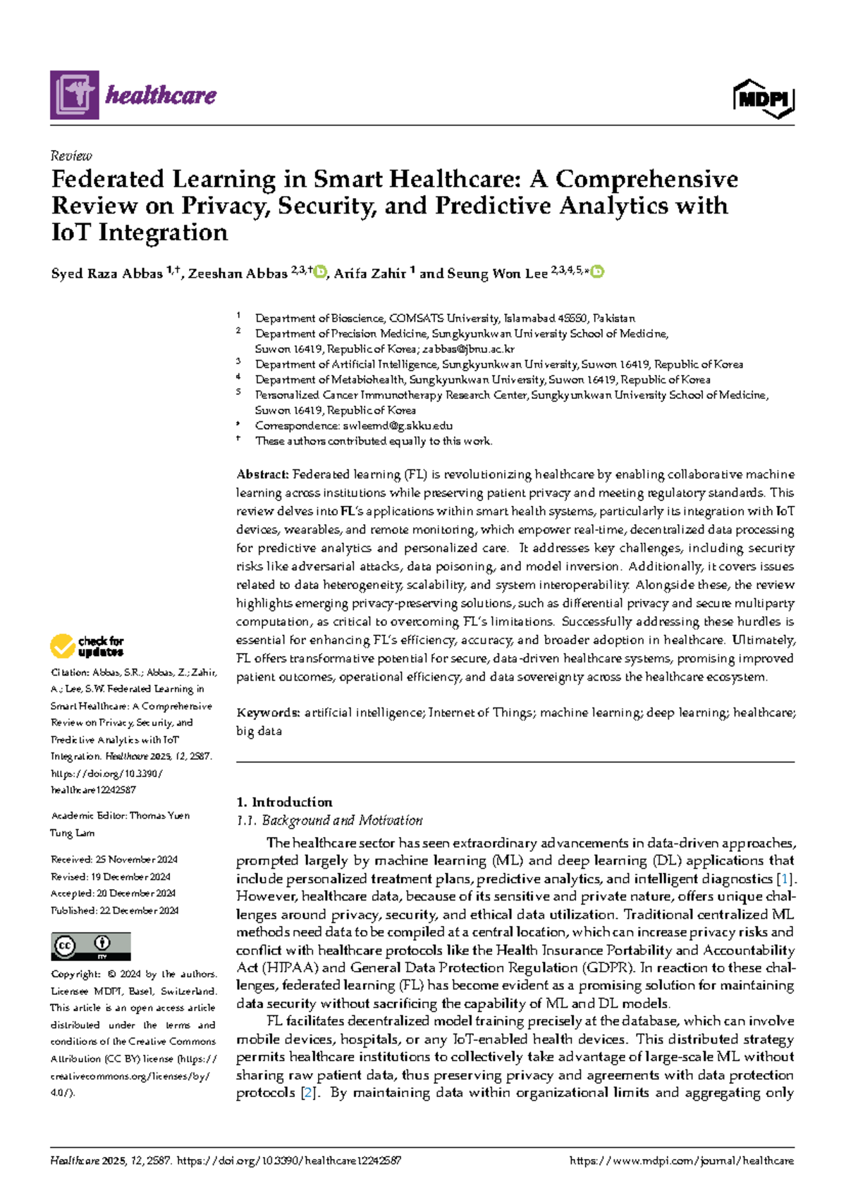 Federated Learning in Smart Healthcare: Privacy, Security, and IoT ...
