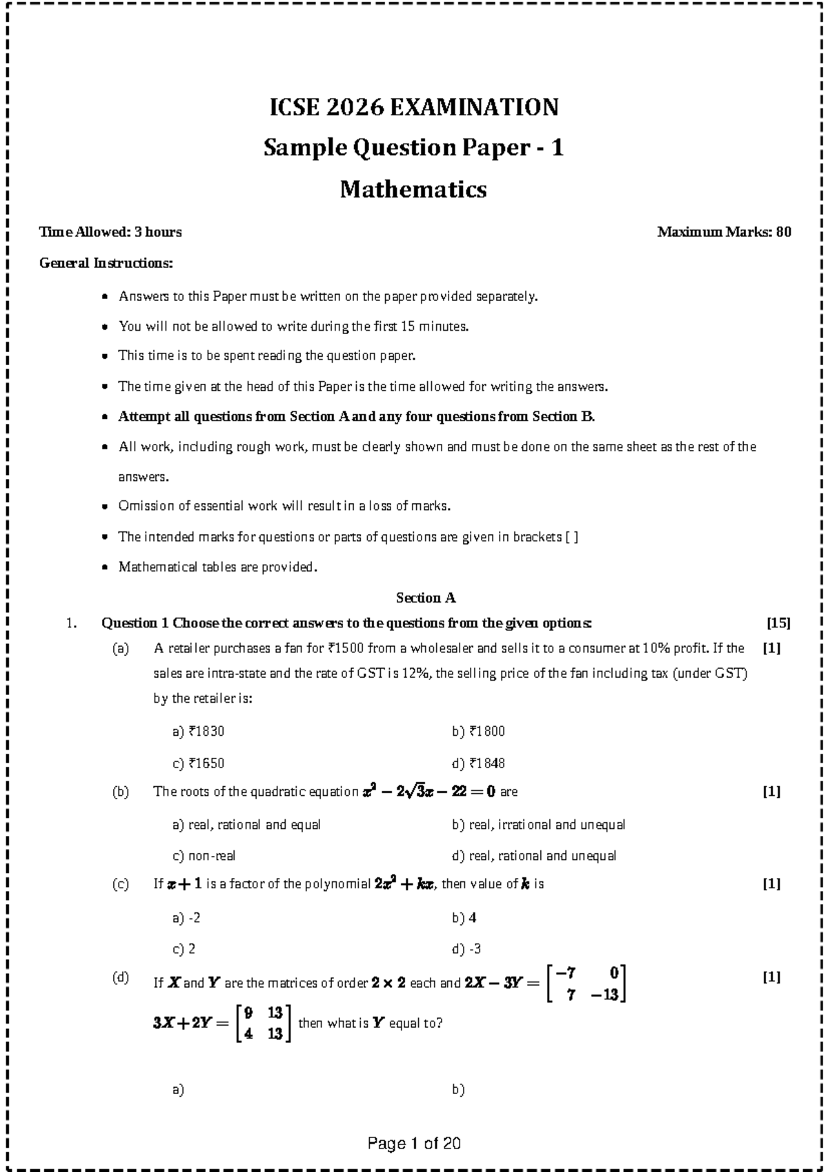ICSE 2026 EXAM Sample Question Paper 1 - Mathematics - Studocu