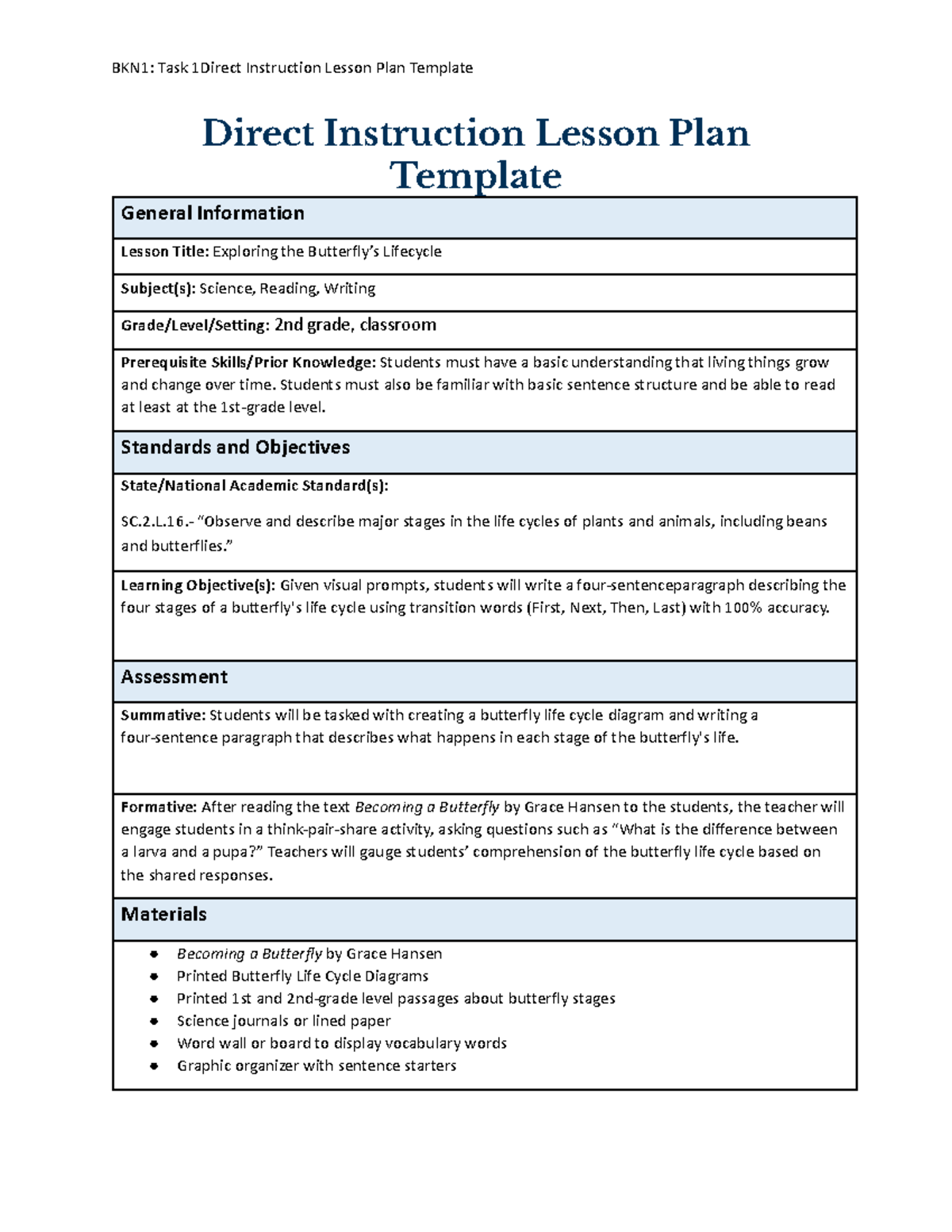 BKN1: Task 1 Direct Instruction Lesson Plan on Butterfly Lifecycle ...