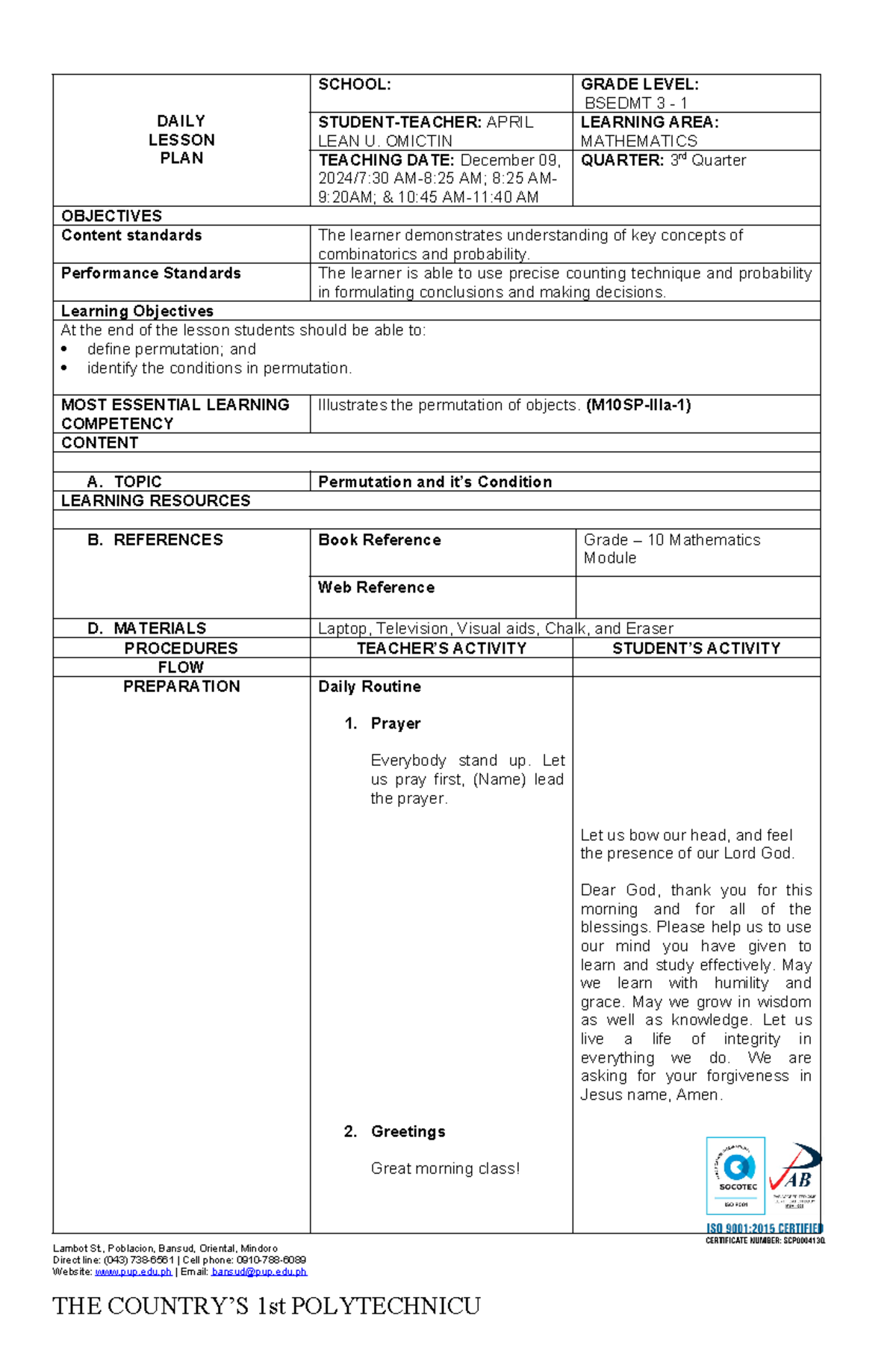 LP M1 - Sample - DAILY LESSON PLAN SCHOOL: GRADE LEVEL: BSEDMT 3 - 1 ...