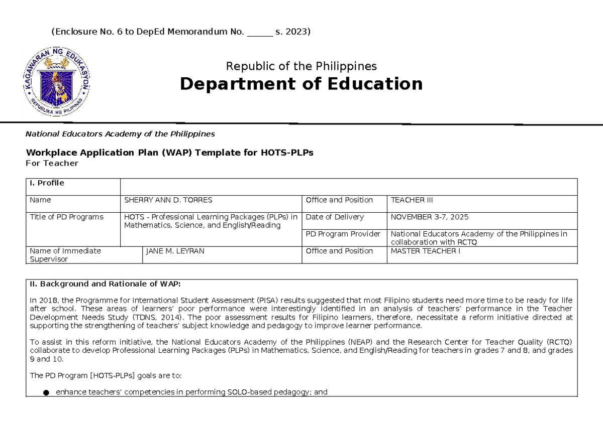 Workplace Application Plan (WAP) Template for Teacher I - S5 - Studocu