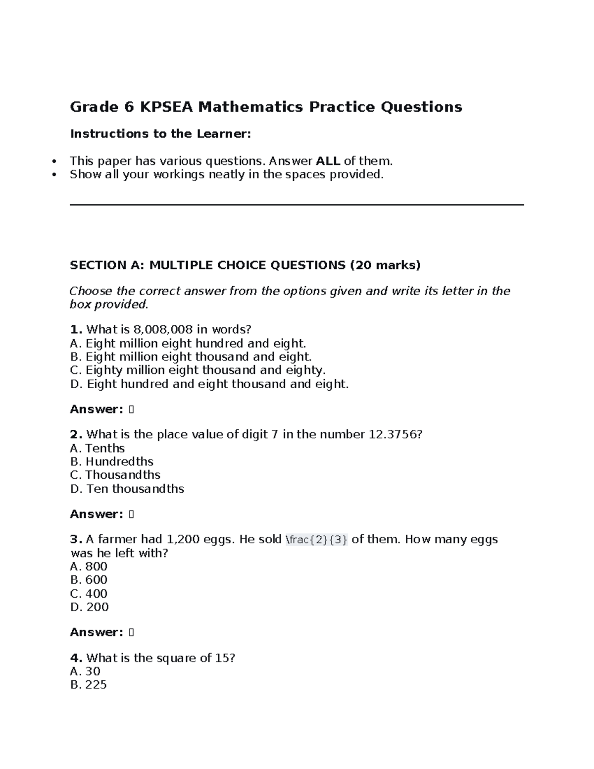 Grade 6 KPSEA Mathematics Practice Questions - Practice Paper - Studocu