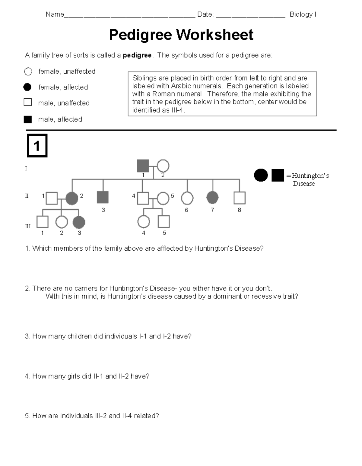 Biology I Pedigree Worksheet: Understanding Family Traits - Studocu