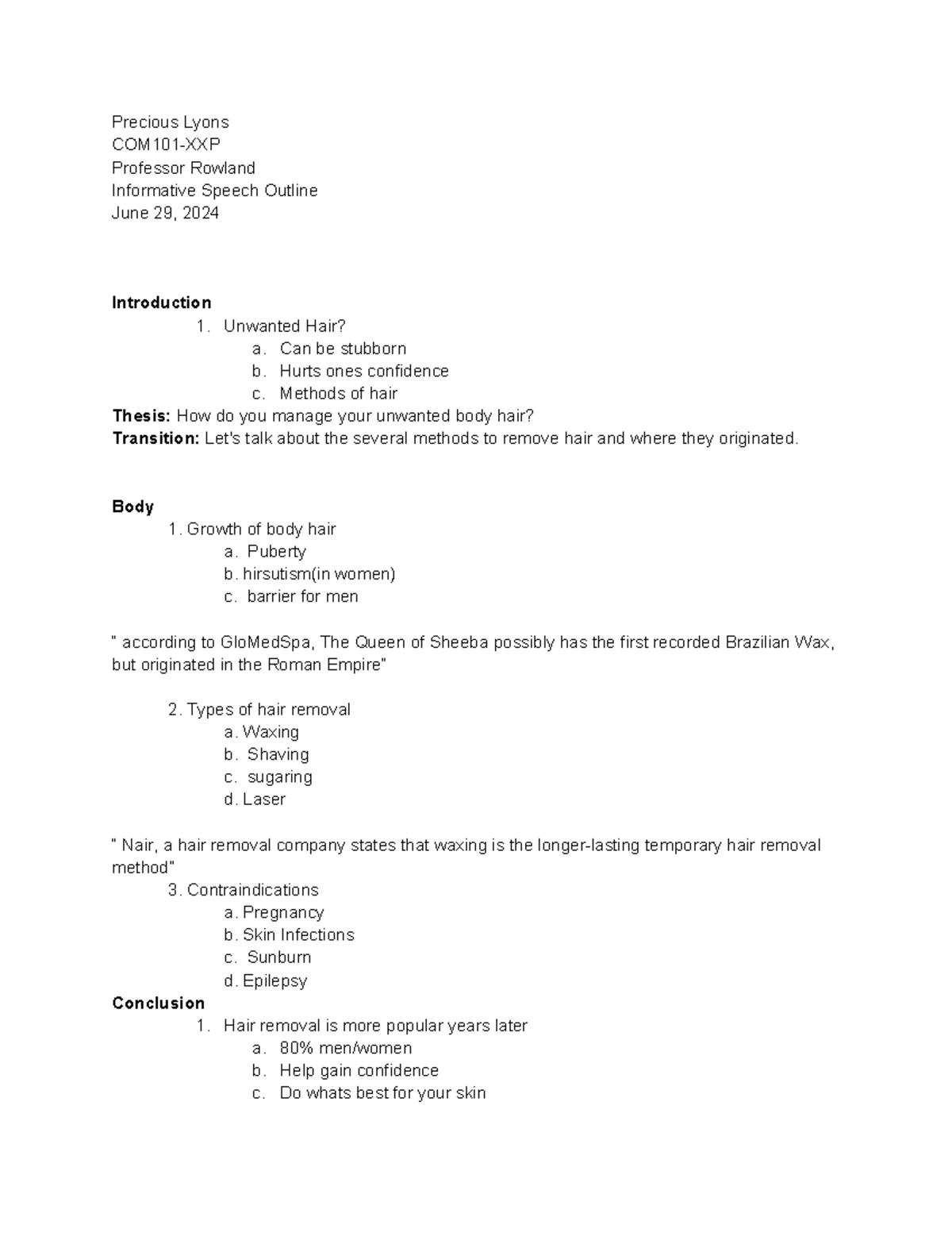 COM101-XXP Informative Speech Outline on Unwanted Hair Removal Methods ...