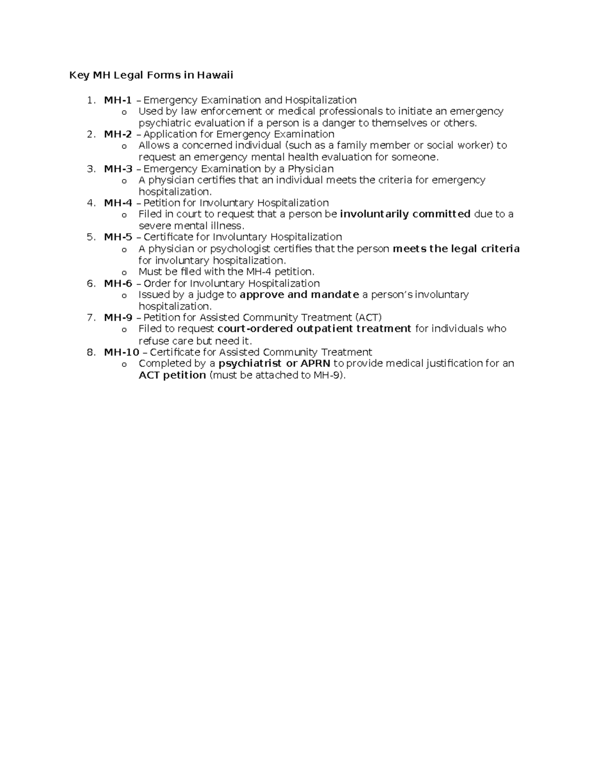 Key MH Legal Forms in Hawaii - Essential Guide for Mental Health - Studocu