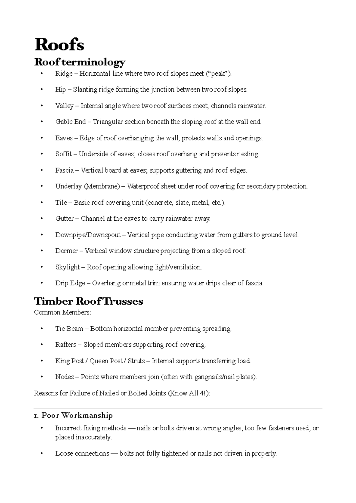 Summary on Roofs: Key Terminology and Common Failures - Studocu