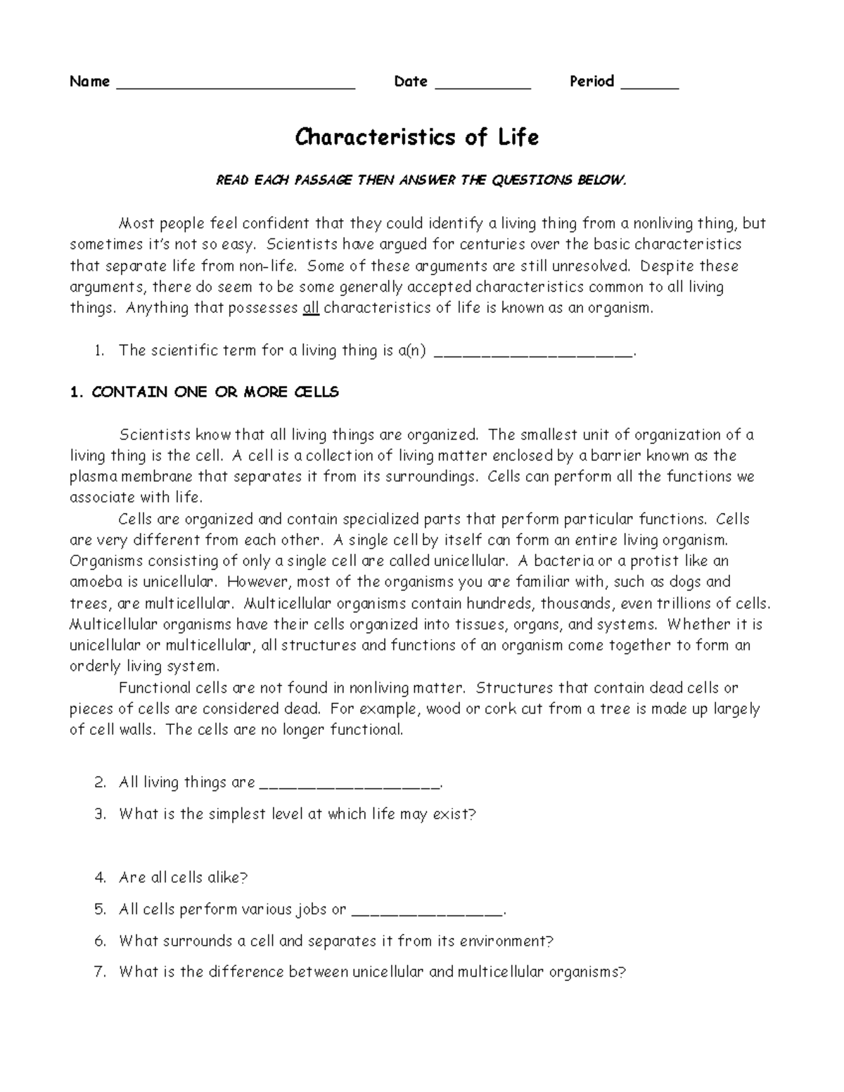 Characteristics of Life: A Worksheet Guide for Understanding (BIO101 ...