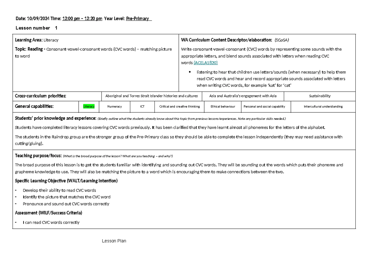 Annotated Lesson plan - Annotated Lesson Plan Learning area: What ...