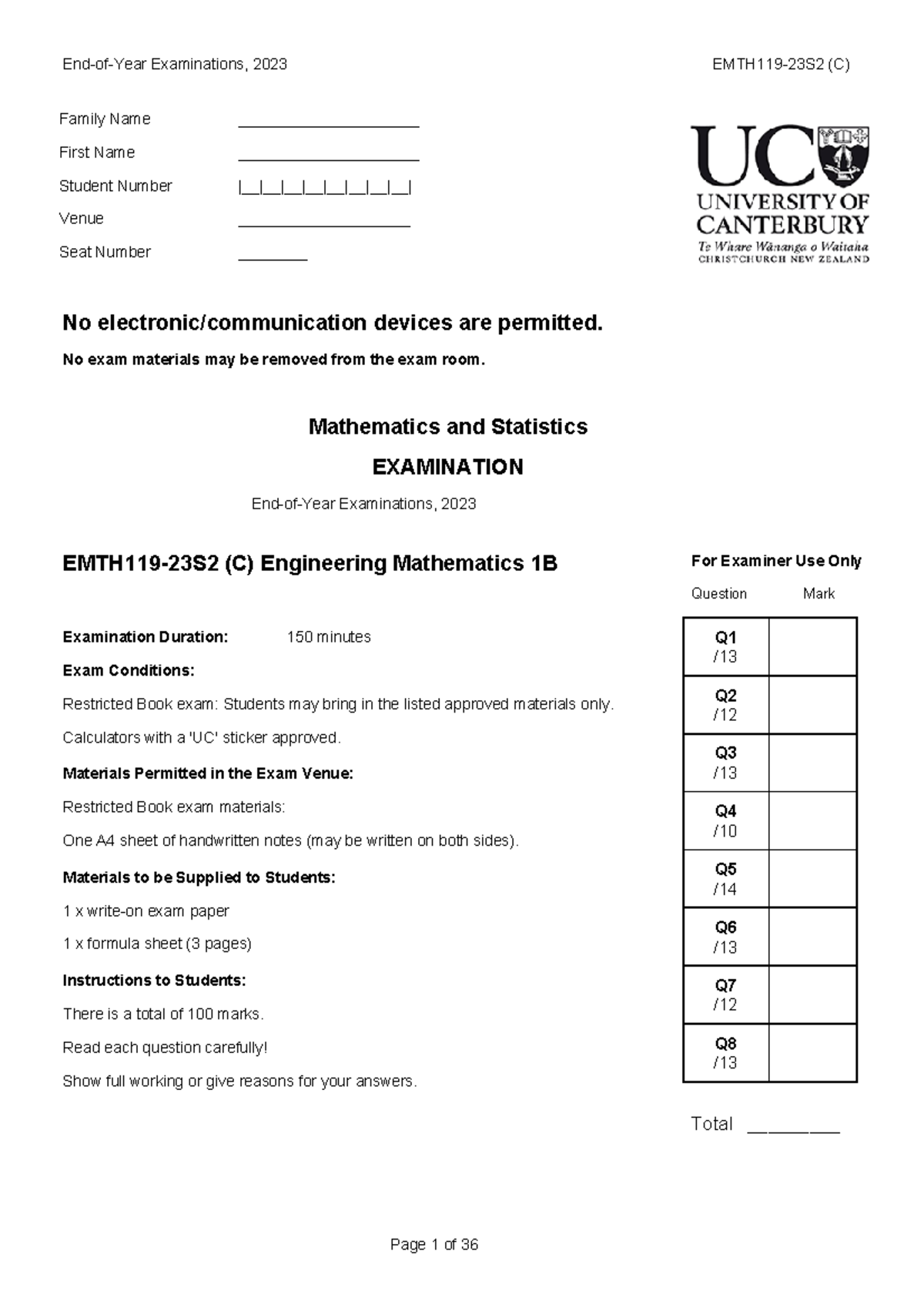 EMTH119 23S2 (C) Engineering Mathematics 1B Final Exam Guide - Studocu