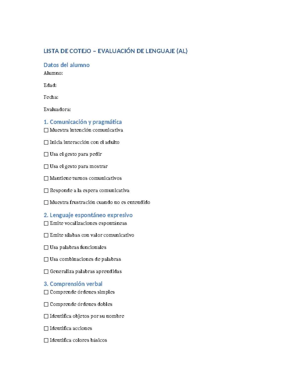 Lista de Cotejo Evaluación de Lenguaje (AL) 3 Años Actualizada - Studocu