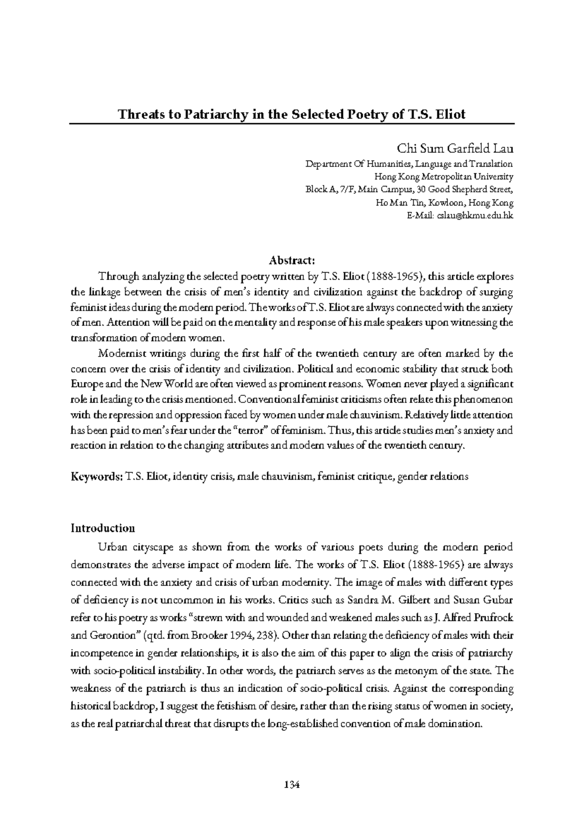 Threats to Patriarchy in T.S. Eliot's Poetry: A Critical Analysis - Studocu