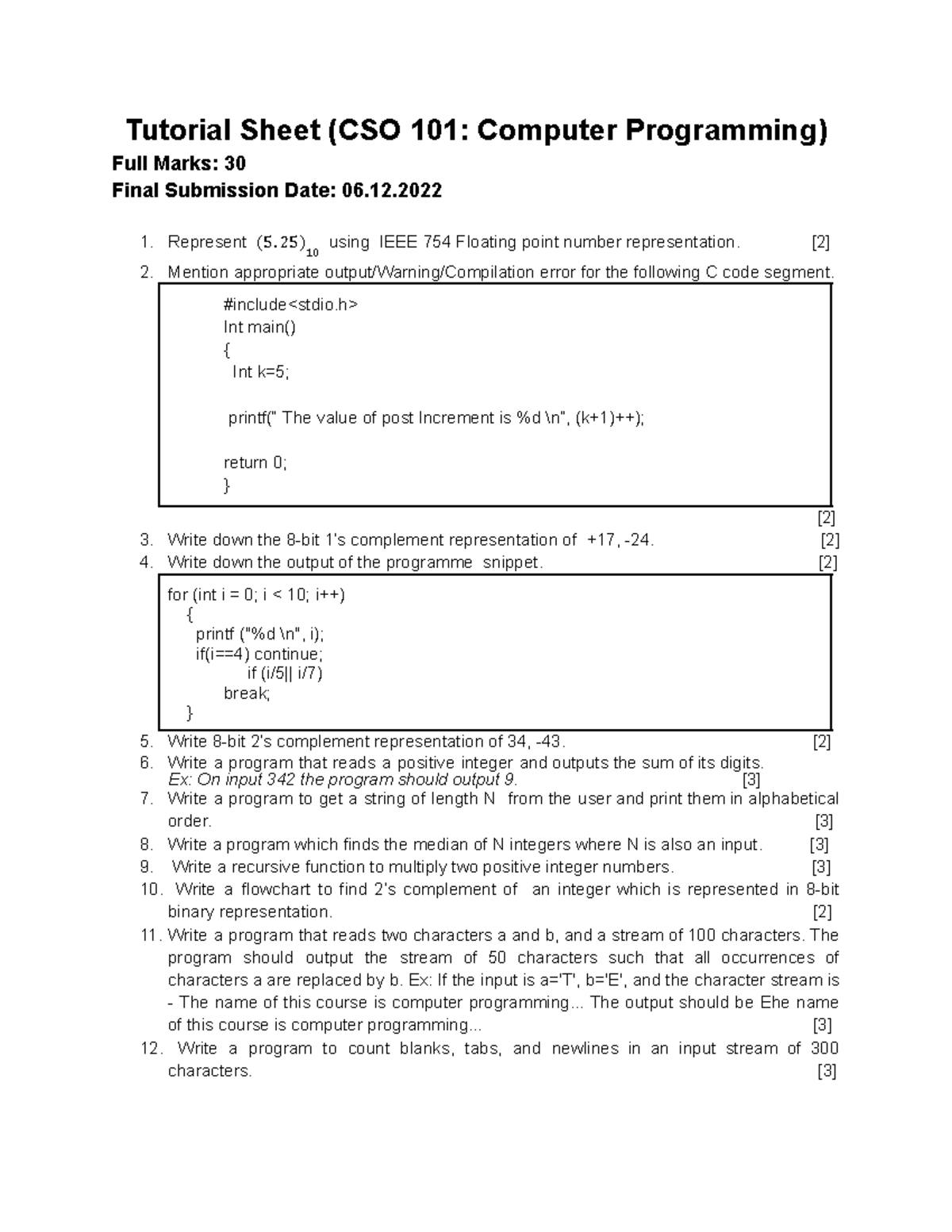 Tutorial Sheet (CSO 101 Computer Programming) I - Represent (5. 25) 10 ...