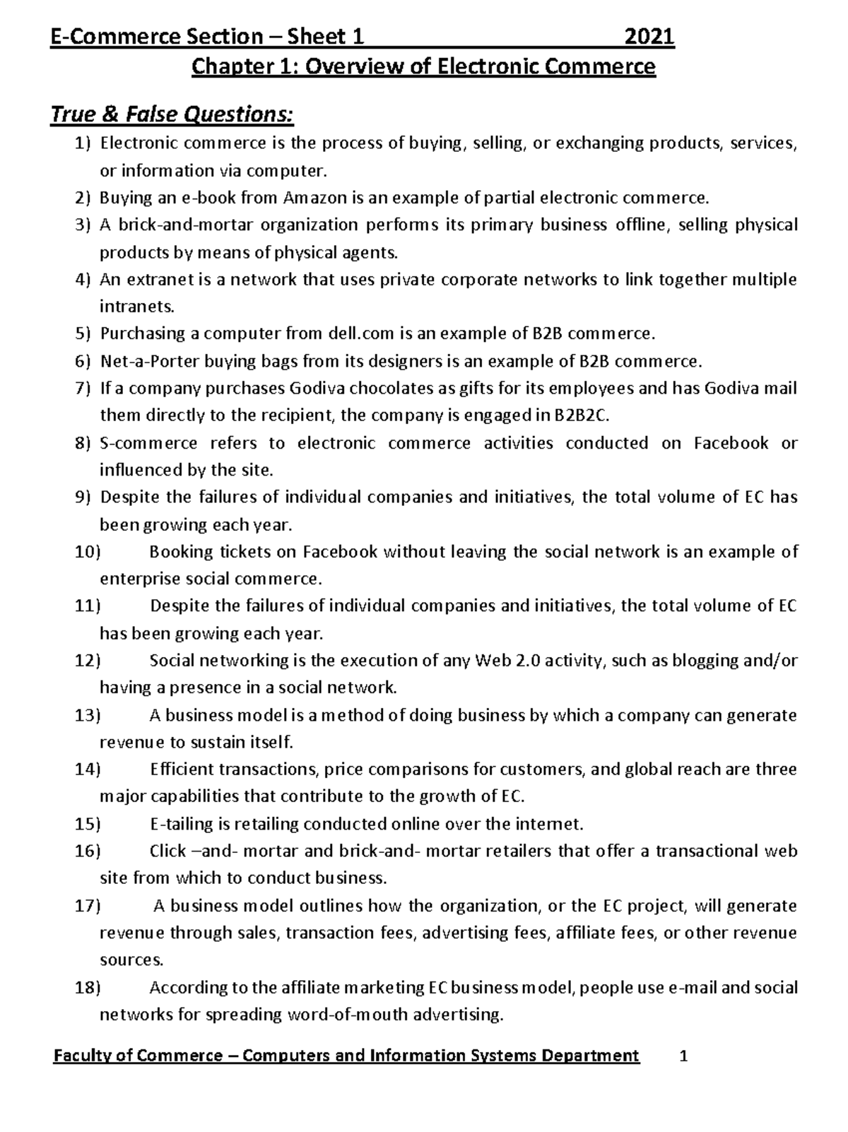 E Commerce Section – Sheet 1 - Chapter 1: Overview of Electronic ...